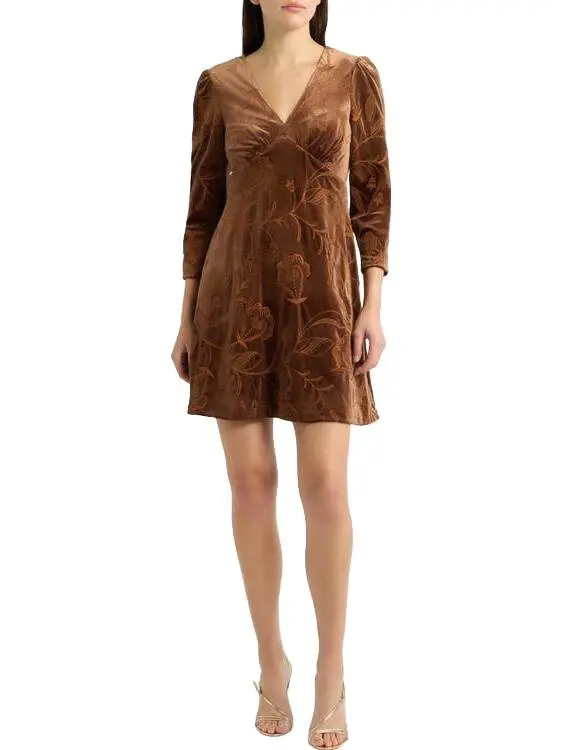 Eliza J Long Sleeve Embroidered Velvet Dress - Chocolate