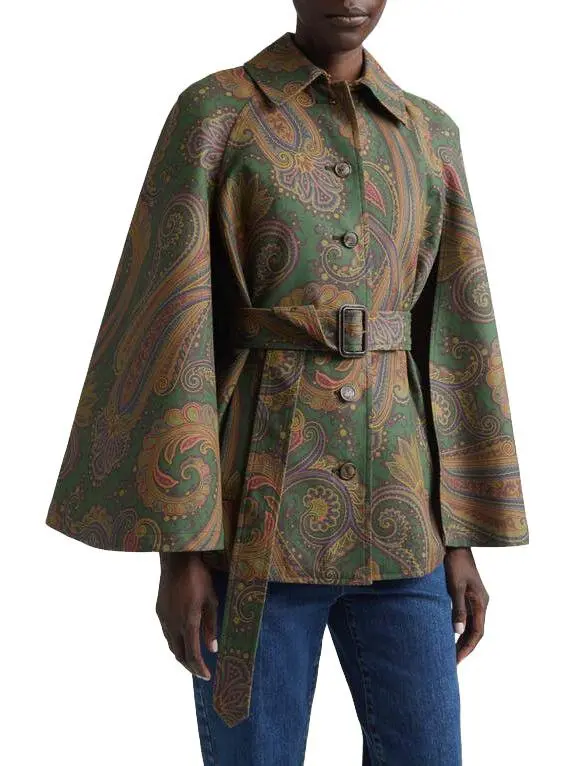 Etro Belted Paisley Gabardine Cape - Green