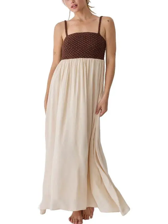 CRESCENT Basket Weave Mixed Media Maxi Dress - Brown/custard