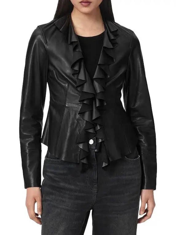 ALLSAINTS Luana Ruffled Leather Shirt - Black