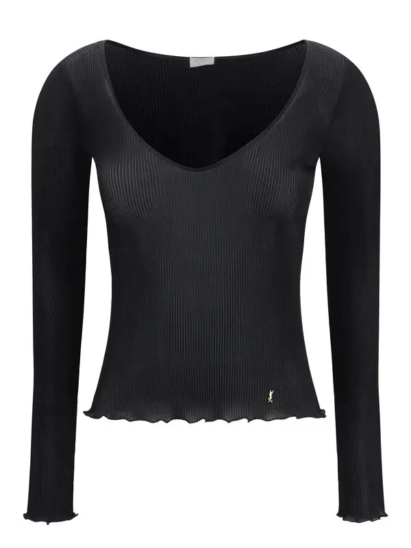 Saint Laurent Cassandre V Neck Ribbed Silk Top - Black