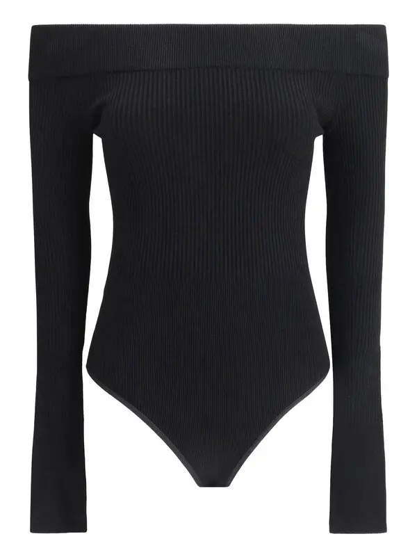 Alaïa Off-shoulder Ribbed Long Sleeve Bodysuit - Black