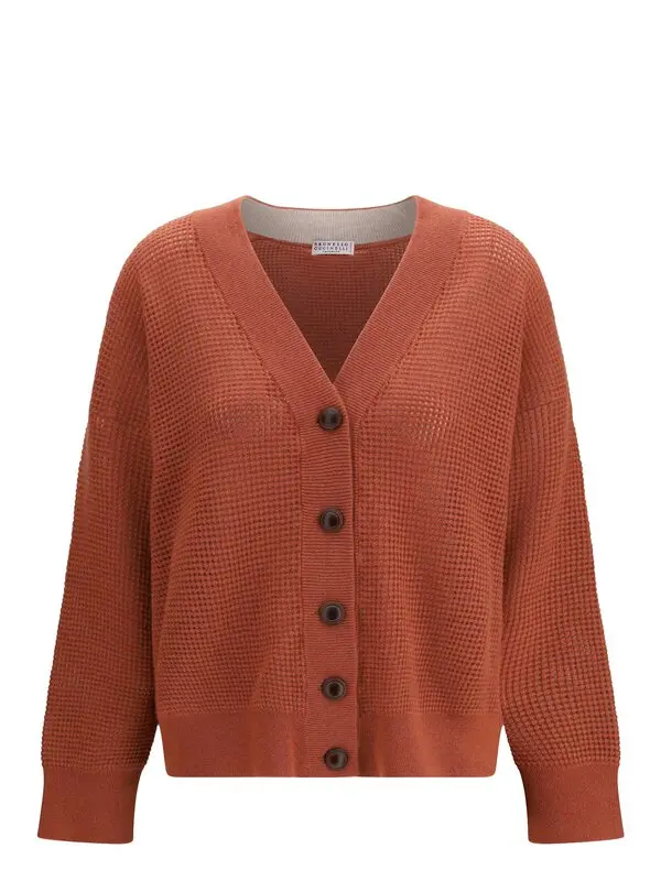 Brunello Cucinelli Cashmere Mesh-knit V-neck Cardigan - Orange