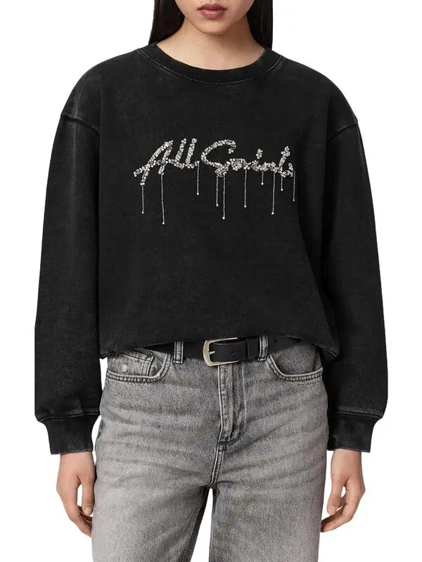 ALLSAINTS Crystal & Chain Embellished Sweatshirt - Washed Black