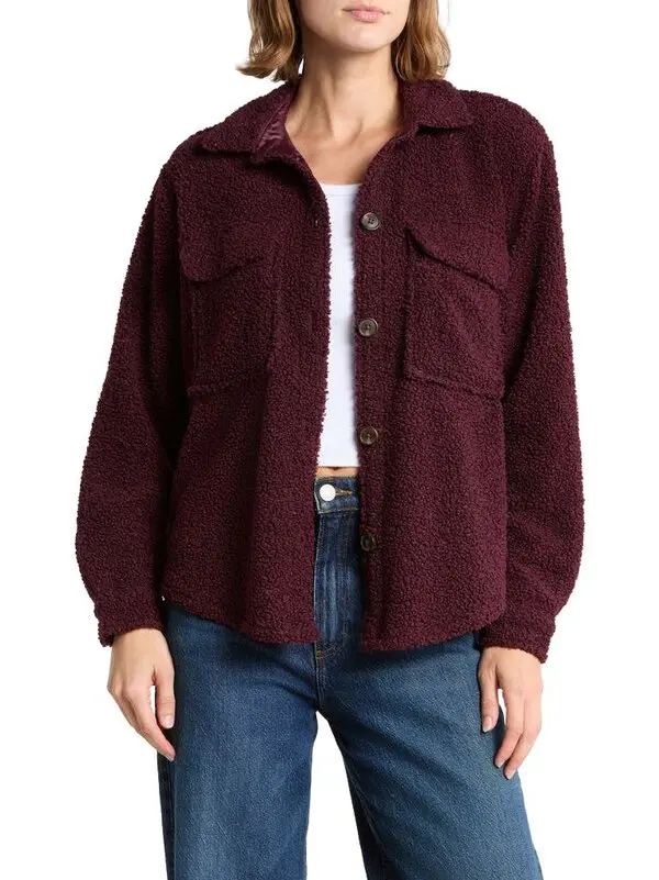 BEACHLUNCHLOUNGE Tory Boxy Crop Faux Shearling Shirt Jacket - Aged Bordeaux