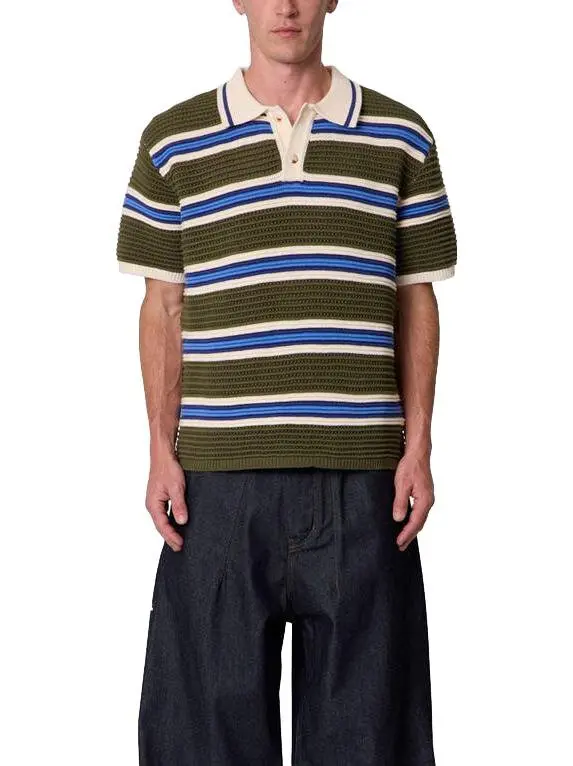 Mnml Striped Knit Polo Shirt - Green Multi