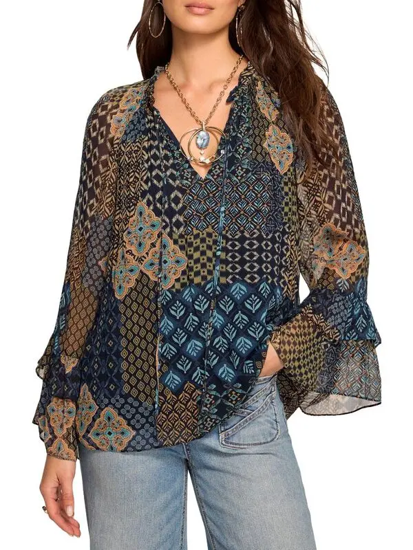 Ramy Brook Anya Patchwork Print Flowy Blouse - Navy Multi