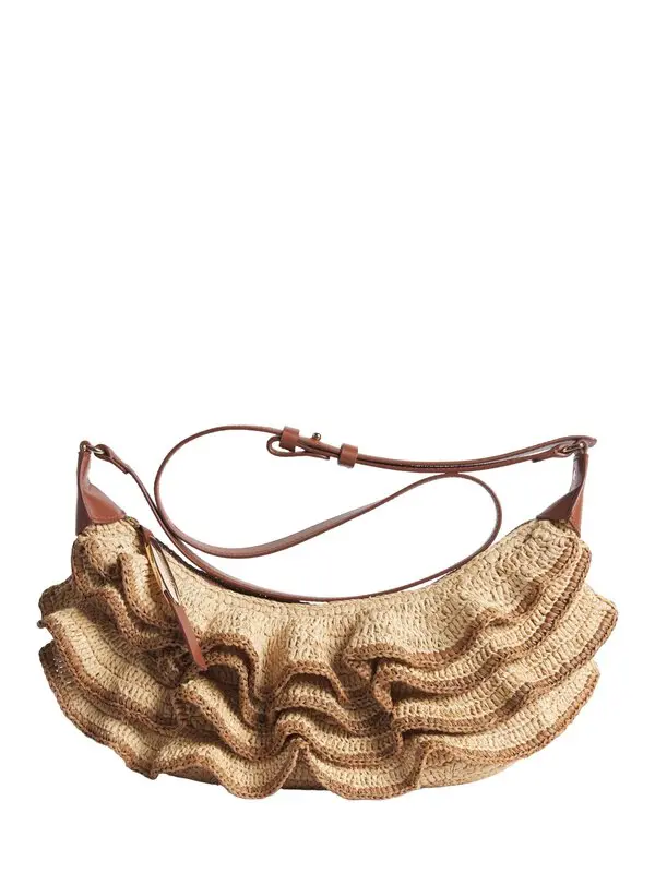 Zimmermann Goldentime Ruffle Raffia Shoulder Bag - Beige