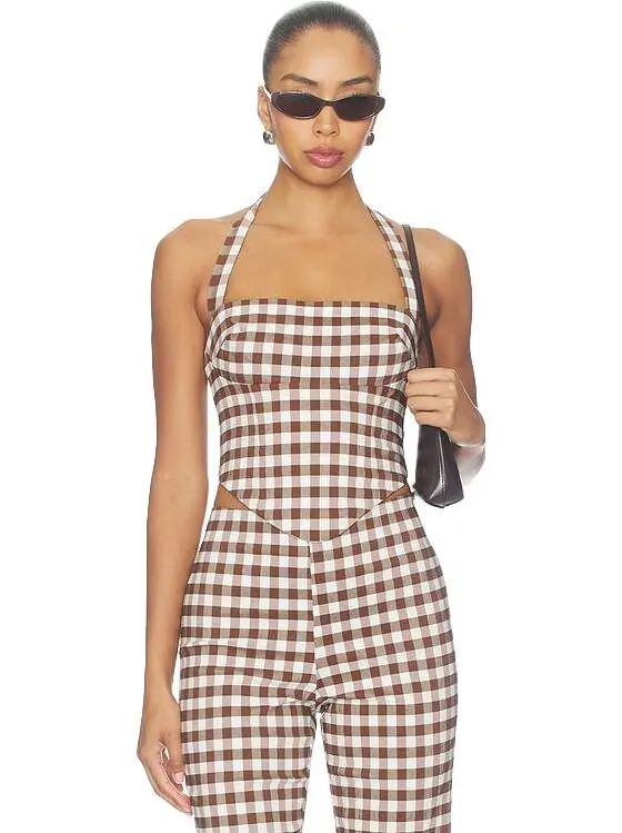 Majorelle Halterneck Tie Closure Cropped Top - Brown Gingham