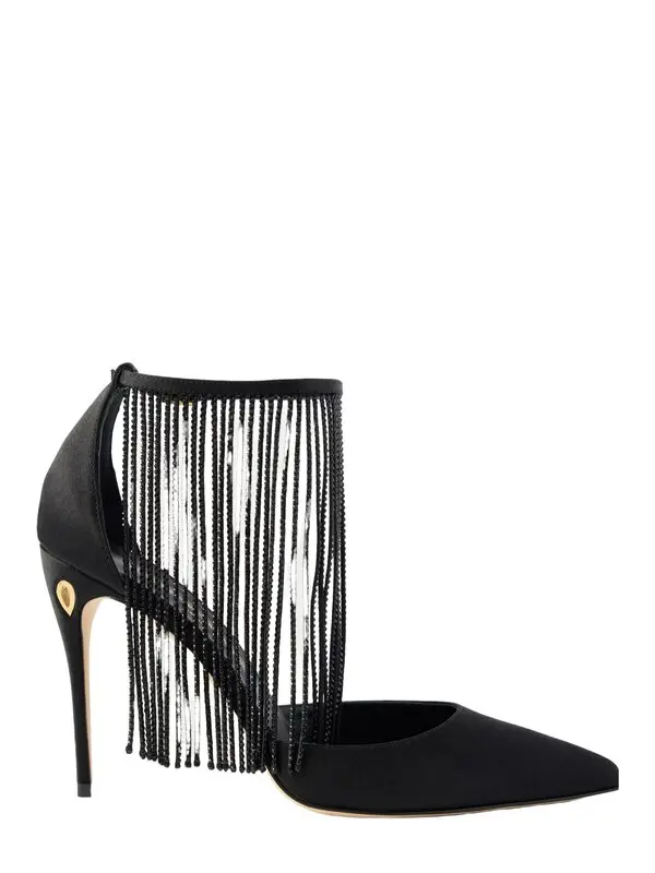 Jennifer Chamandi Fernando 105 Crystal-embellished Fringed Satin Pumps - Black