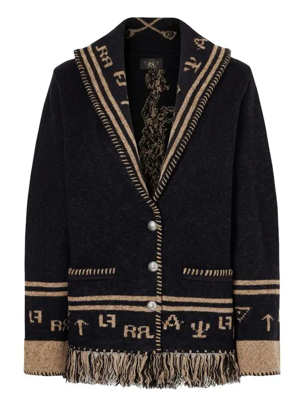 Ralph Lauren Wool And Silk-blend Intarsia Cardigan With Fringe - Black