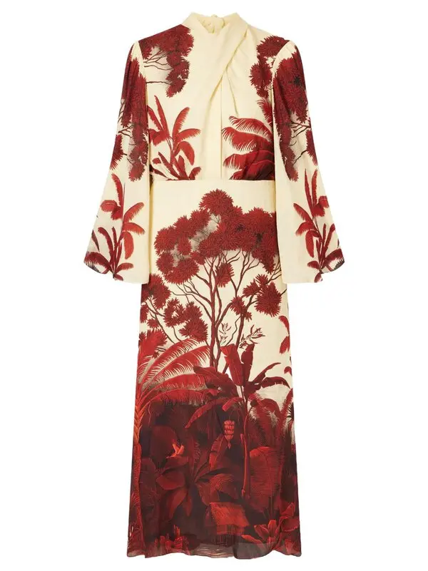 Johanna Ortiz Palm Print Silk Georgette Midi Dress - Red