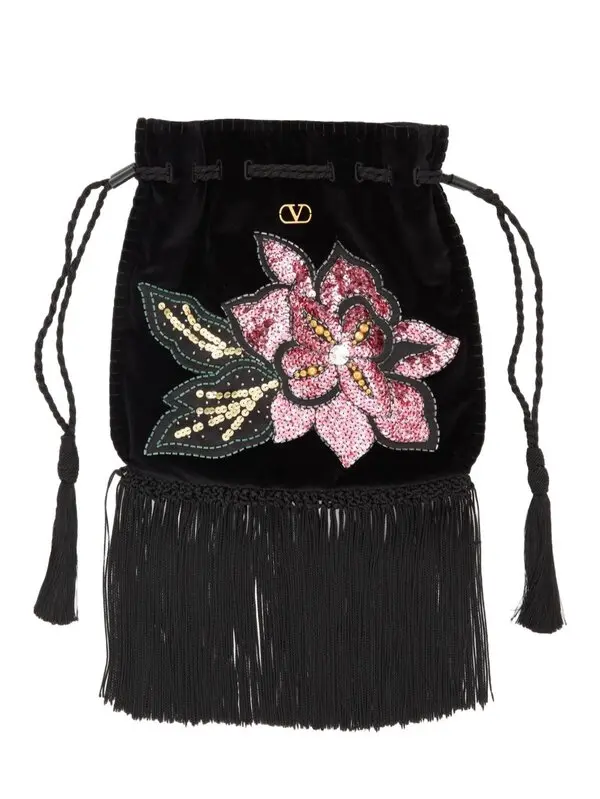 Valentino Garavani Drawstring Clutch With Sequined Floral Embellishment And Fringe - Black