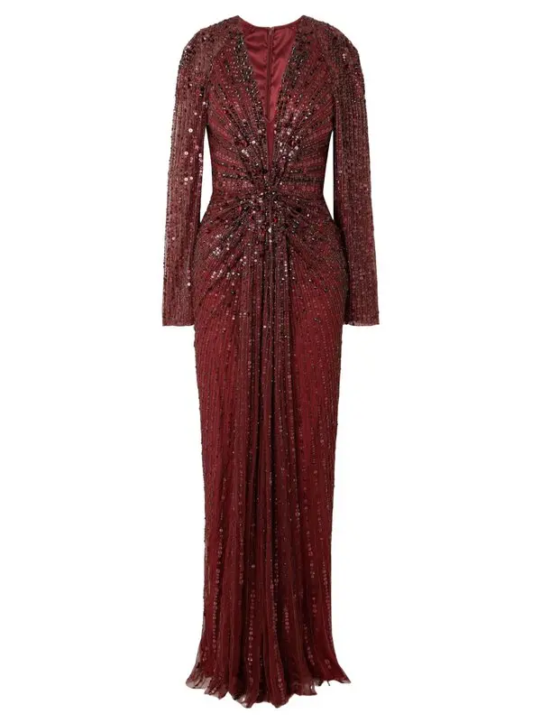 Jenny Packham Nina Gathered Embellished Tulle Gown - Brown