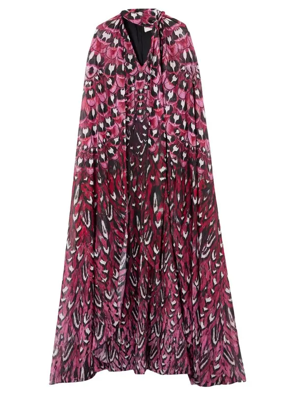 MARY KATRANTZOU Printed Chiffon Gown With Cape Effect - Black