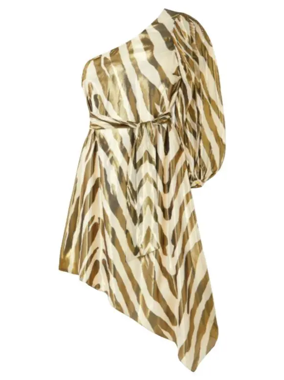 Haney Zebra Print Metallic One-shoulder Dress - Nude
