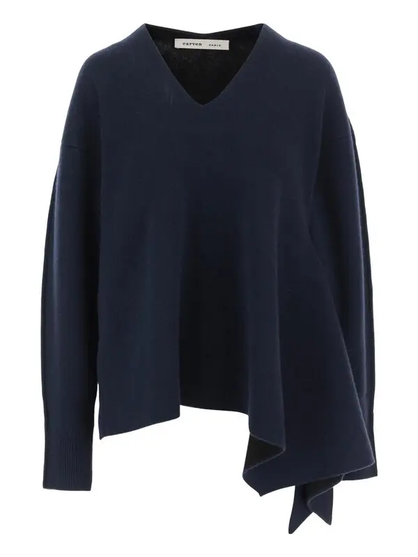 Carven Asymmetrical V-neck Knitted Sweater - Midnightblack