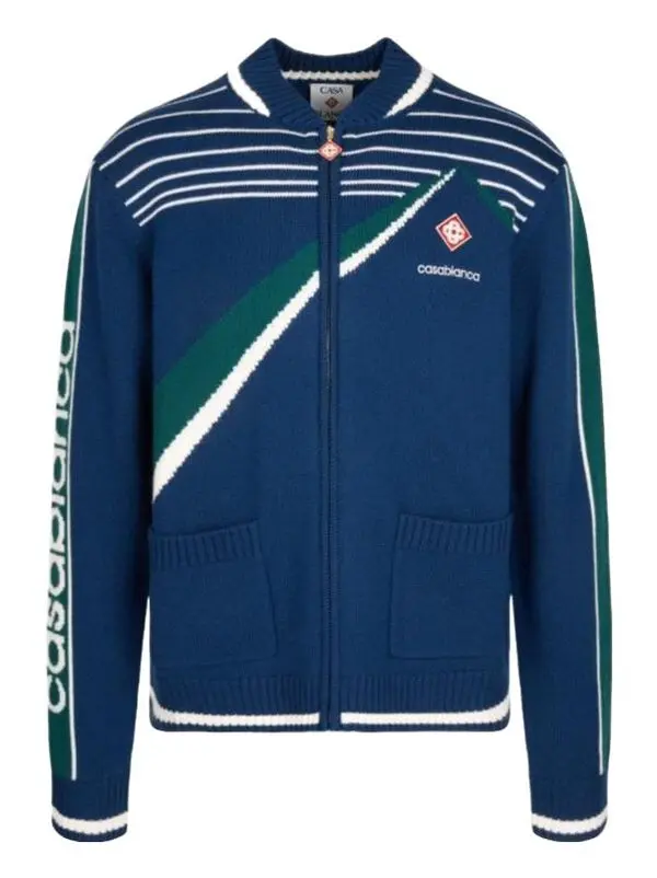 Casablanca Zipped Jacket With Ribbed Trim And Front Pockets - Navy