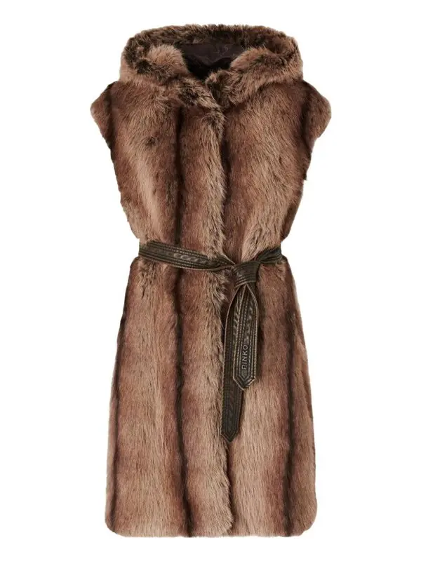 Pinko Hooded Sleeveless Faux Fur Coat With Belt - Brown