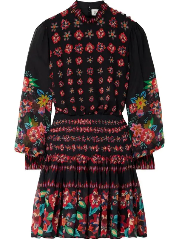 Saloni Isa Pleated Floral-print Silk Crepe De Chine Mini Dress - Black
