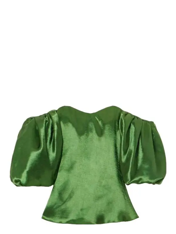 Caroline Constas Off-the-shoulder Satin Top With Puffed Sleeves - Green