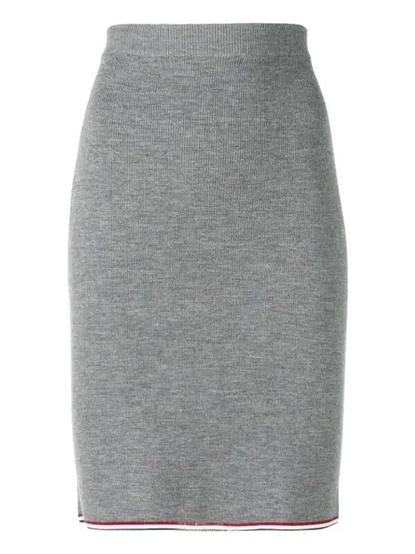 Thom Browne Ribbed Pencil Skirt With Striped Trim - Light Gray