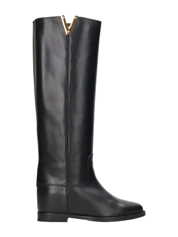 VIA ROMA 15 Flat Knee-high Boots With V-detail - Black