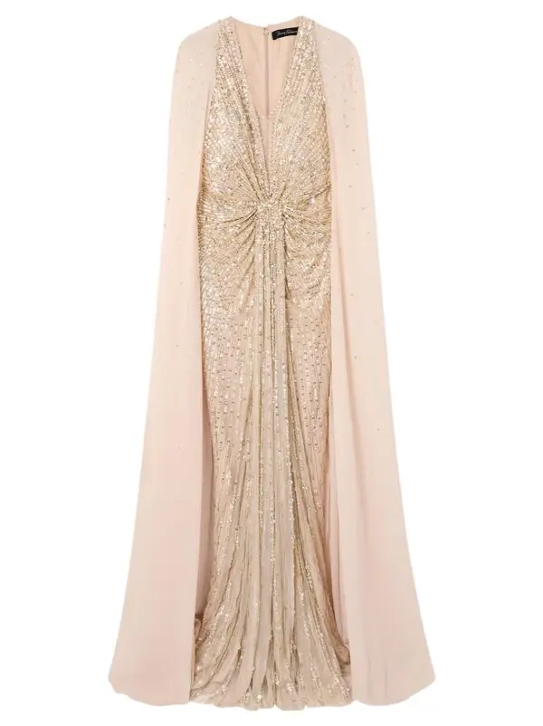 Jenny Packham Champagne Sequined Gown With Cape Sleeves - Nude
