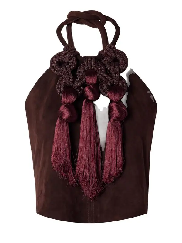 Johanna Ortiz Cropped Suede Halterneck Top With Tassels - Black