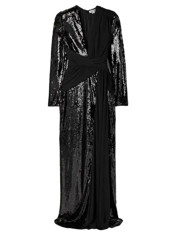 Zuhair Murad Long-sleeve Deep V Sequin Gown With Chiffon Drape - Black