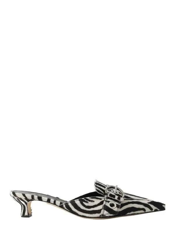 AeydĒ Zebra Stripe Pony Hair Pointed Toe Kitten Heel Mules - Black