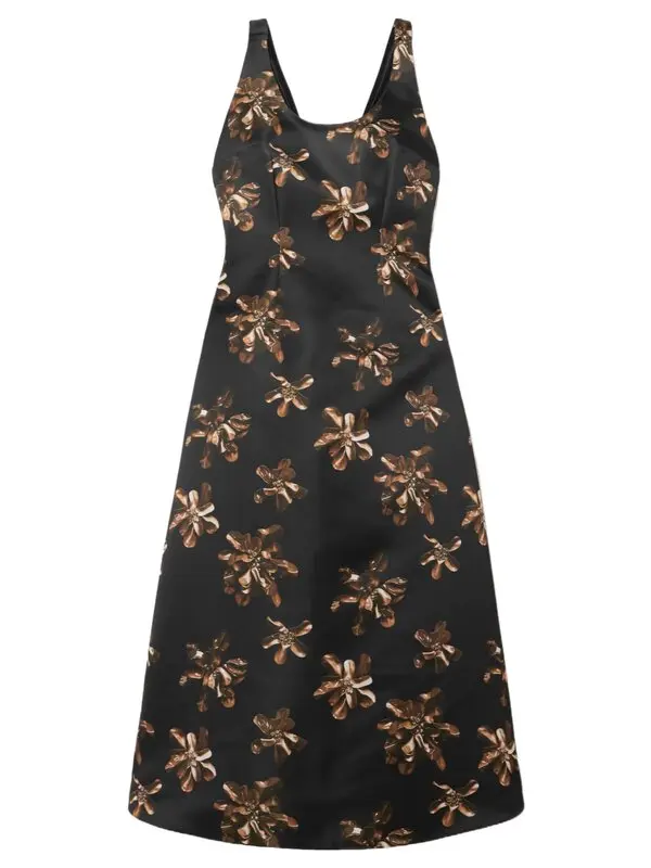 EMILIA WICKSTEAD Satin U-neck Midi Dress With Vintage Floral Print - No