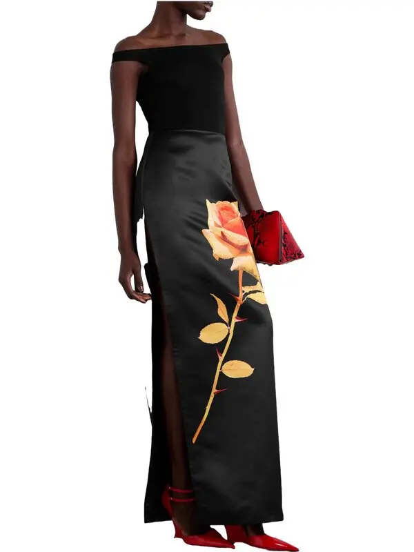 David Koma Floral-print Duchesse-satin Maxi Skirt - Black