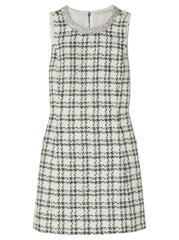 ALICEOLIVIA Alice + Olivia Crystal Embellished Checked Tweed Mini Dress - White