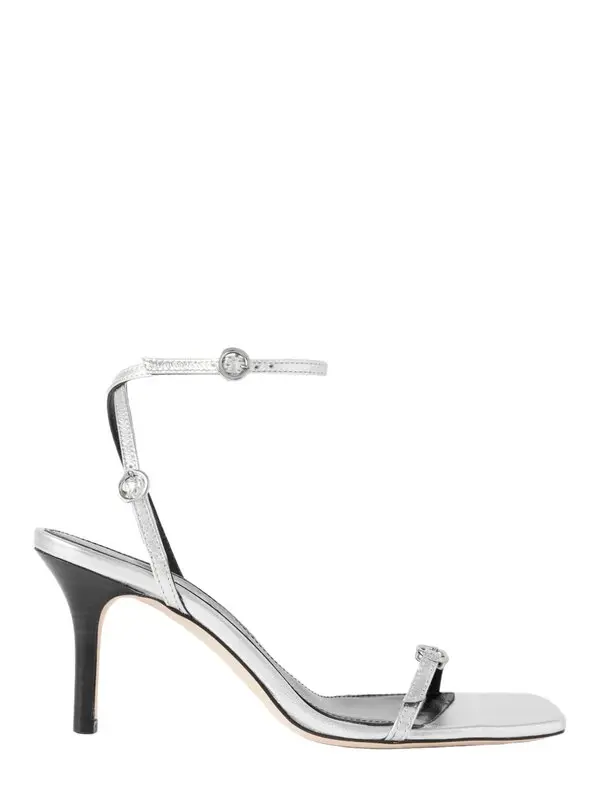 AeydĒ Silver Metallic Leather Stiletto Heel Ankle Strap Sandals - White