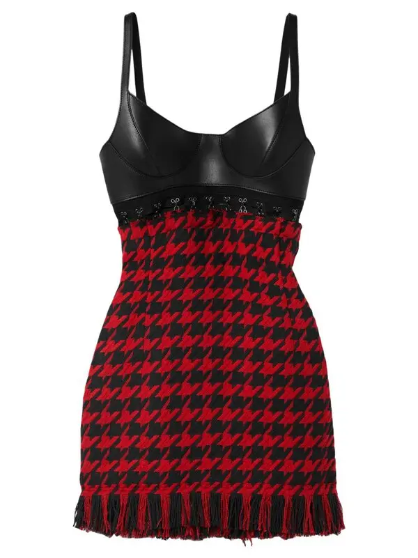 Monse Leather-trimmed Fringed Knitted Houndstooth Mini Dress - No