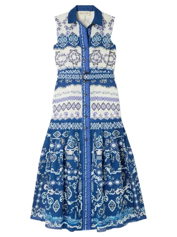 Saloni Sleeveless Collared Printed Maxi Shirt Dress - Blue