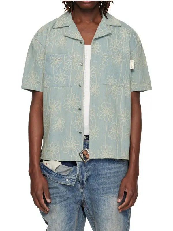 Andersson Bell Floral Embroidered Open Collar Denim Shirt - Denim Blue