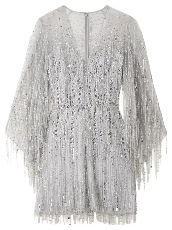 Jenny Packham Silver Embellished Flared Sleeve Mini Dress - No