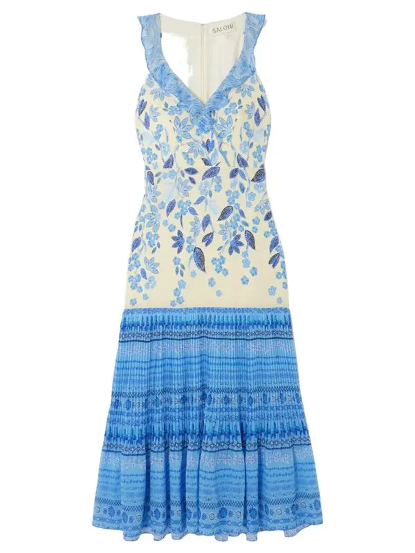 Saloni Fitted Waist Floral Print Midi Dress - Blue