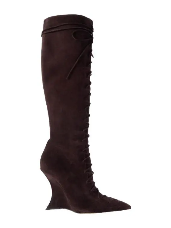 Paris Texas Suede Lace-up Wedge Knee Boots - Black