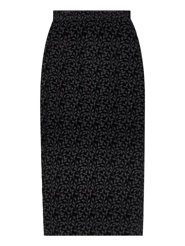 Saloni Embroidered Velvet Midi Skirt With Satin Trim - Black