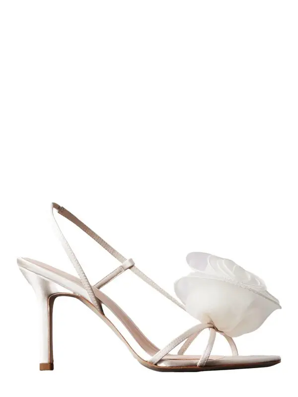 LOEFFLER RANDALL Satin Stiletto Heel Slingback Sandals With Organza Flower - No