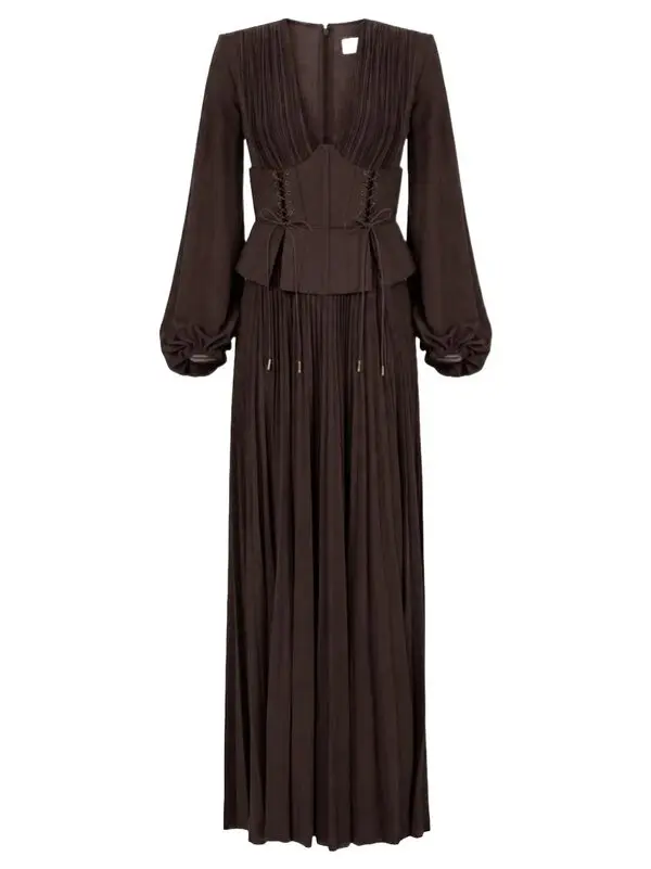 Elisabetta Franchi V-neck Pleated Maxi Dress With Puff Sleeves - Black