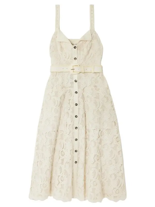 Saloni Lace Midi Dress With Waist Belt - No