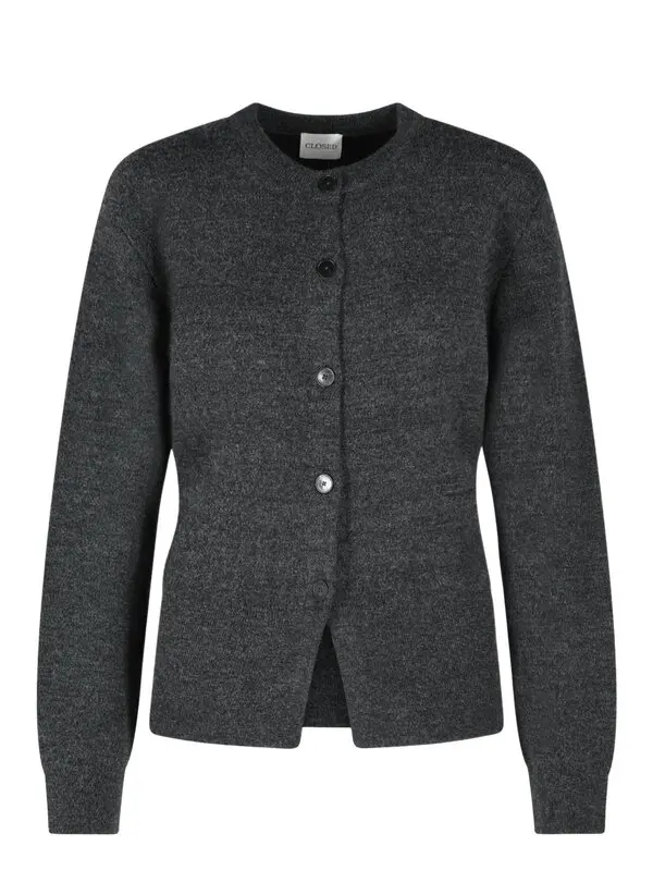 Closed Ribbed Crew Neck Cardigan - Black