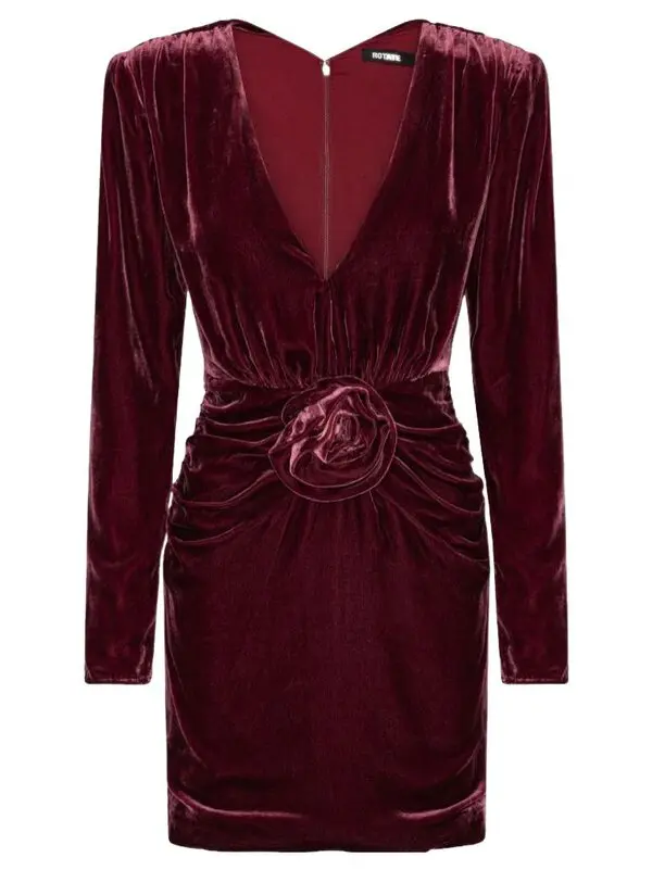 ROTATE BY BIRGER CHRISTENSEN Silk Velvet Ruched Mini Dress With Floral Appliqu - Brown