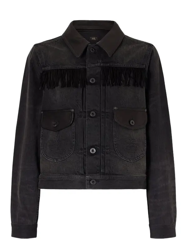 Ralph Lauren Emerson Cropped Denim Jacket With Leather Trim And Fringe - Black