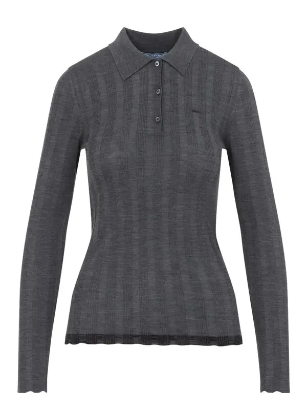 Prada Long-sleeved Knitted Polo Top - Grey