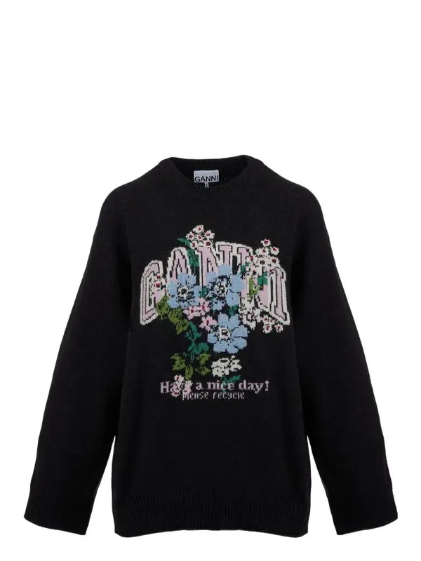 GANNI Floral Logo Knit Top - Phantom Black